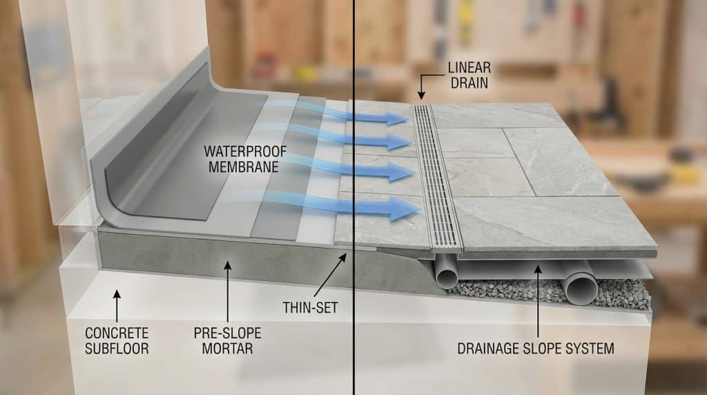 Curbless Shower Drainage: Slope, Drains, Waterproofing - Seed Sheets